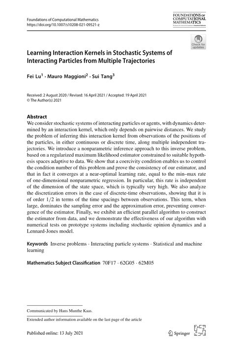 Pdf Learning Interaction Kernels In Stochastic Systems Of Interacting