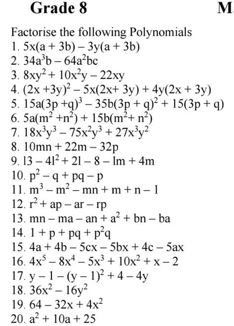 Grade 8 Factorise The Following Polynomials 1 5x A 3b −3y A 3b 2 34a3