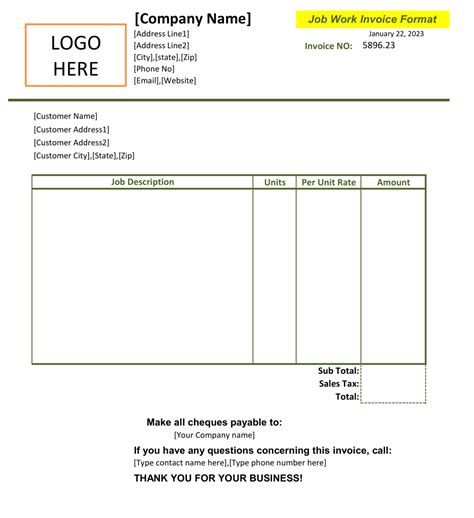 Job Invoice Template In Excel Comprehensive Billing For Service