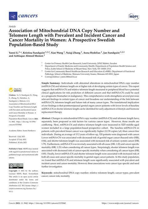 Pdf Association Of Mitochondrial Dna Copy Number And Telomere Length