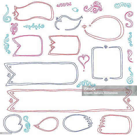 다양한 색상의 손으로 그린 곡선 라벨 프레임 세트 분홍색과 파란색 음영 다양한 길이의 리본 모양 직사각형 다양한 둥근 모양 구불 구불 한 선 0명에 대한 스톡 벡터 아트 및