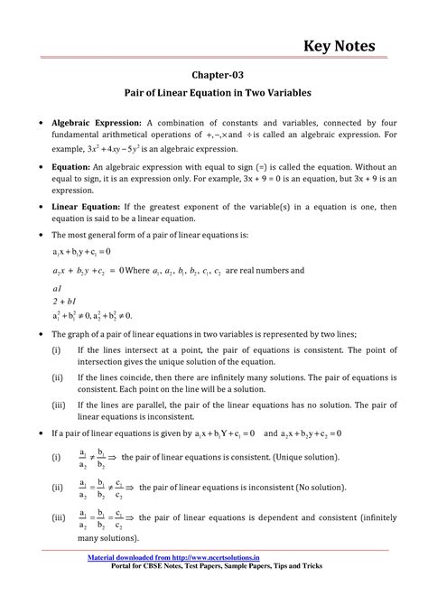 10 Maths Key Notes Ch 03 Pair Of Linear Equation In Two Variables Key Notes Material