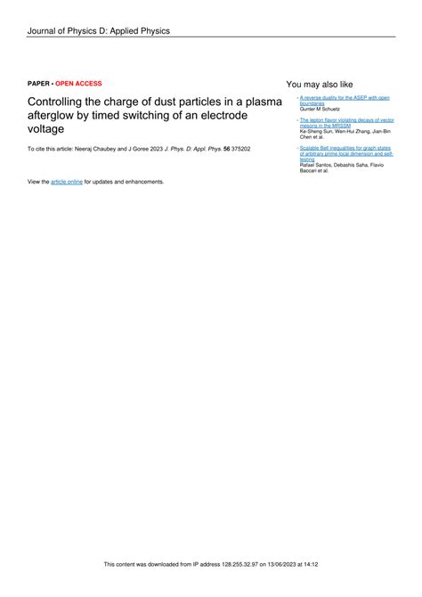 Pdf Controlling The Charge Of Dust Particles In A Plasma Afterglow By Timed Switching Of An