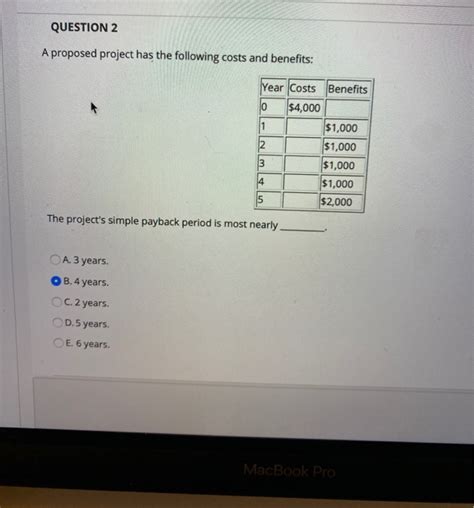 Solved Question 2 A Proposed Project Has The Following Costs