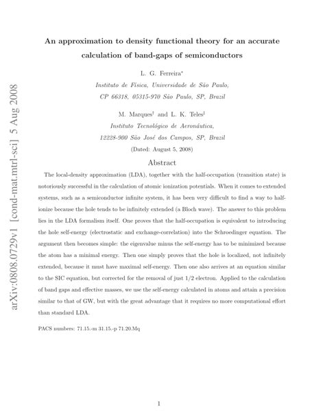 Pdf Approximation To Density Functional Theory For The Calculation Of