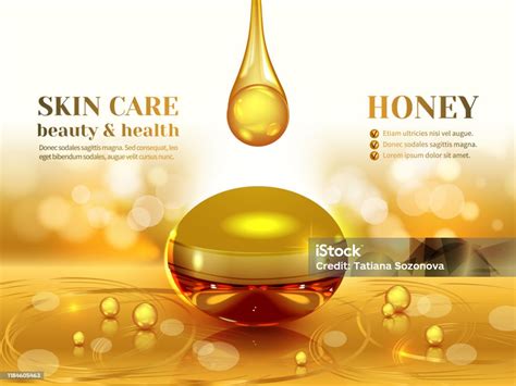 유기농 꿀 크림과 꿀 방울의 항아리 질감 빛나는 황금 투명 배경에 3d 구성 디자인 화장품 광고 흐림 보케와 스파클링 효과 메이크업 화장품에 대한 스톡 벡터 아트 및 기타