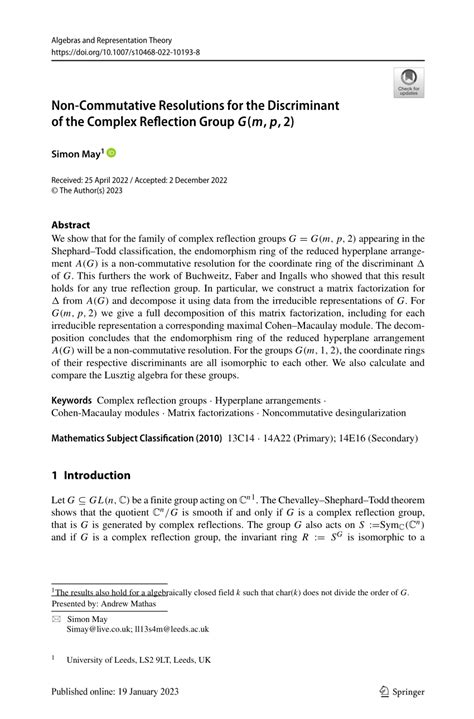 Pdf Non Commutative Resolutions For The Discriminant Of The Complex Reflection Group G M P 2