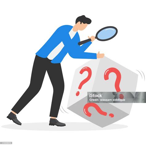 돋보기를 사용하여 물음표 기호를 분석하는 사업가 분석가 문제 및 근본 원인 분석 연구 및 리더십 기술을 통해 비즈니스 문제 개념에 대한 해결책 또는 해답을 찾습니다 검사자에