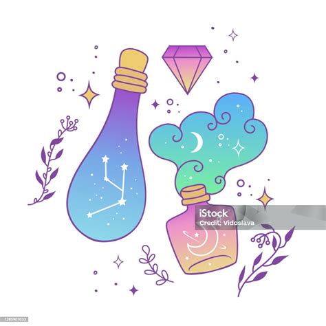 마녀의 물약 독의 마법의 병 마법 크리스탈 별과 신비한 상징 벡터 플랫 컬러풀 한 그림 스티커템플릿입니다 스티커에 대한 스톡