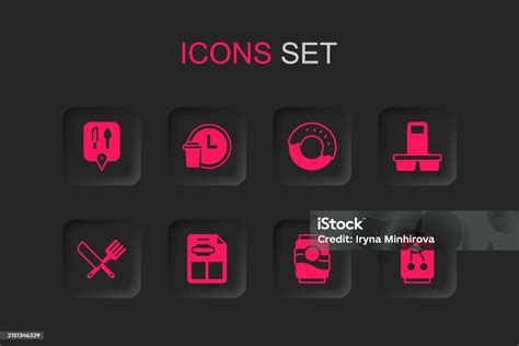 세트 레스토랑 카페 메뉴 시계 배달 카페 및 레스토랑 위치 소다 캔 커피 컵 도넛 및 교차 나이프 포크 아이콘 벡터 고풍스런에 대한 스톡 벡터 아트 및 기타 이미지 Istock