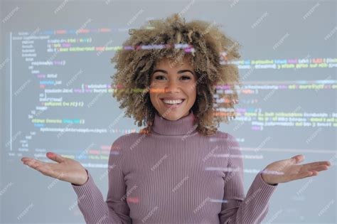 Smiling Young African Woman Tech Coding Background Diversity Technology