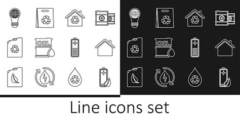 세트 라인 에코 자연 잎 및 배터리 집 재활용 오일 배럴 연료 용기 전구 세계 지구본 배터리 충전 수준 표시기 및 쇼핑백 재활용 아이콘 벡터 가솔린에 대한 스톡 벡터 아트