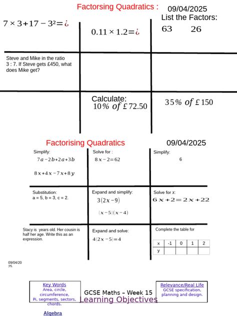 Factorising Quadratics Pdf Circle Area