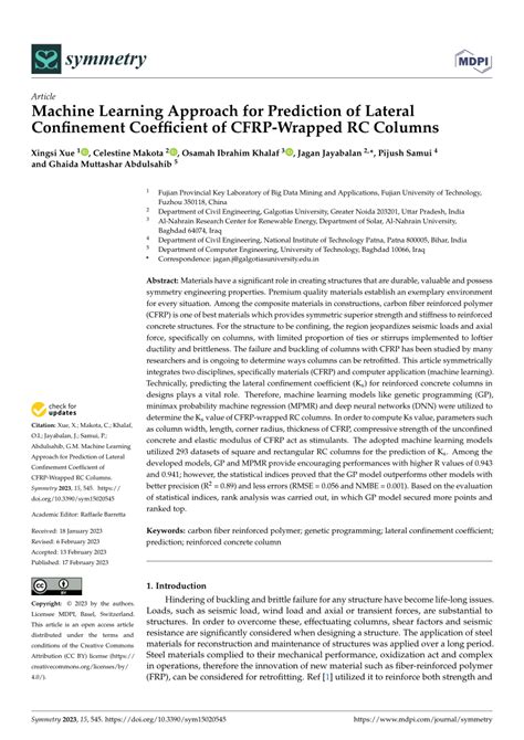 Pdf Machine Learning Approach For Prediction Of Lateral Confinement Coefficient Of Cfrp