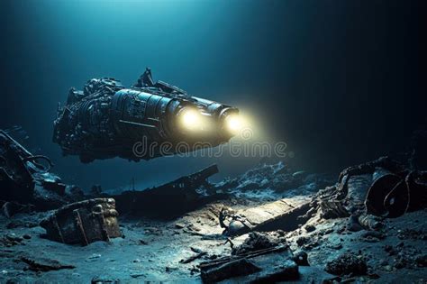 Advanced Submarine Exploring A Mysterious Shipwreck On The Ocean Floor During Deep Sea Mission