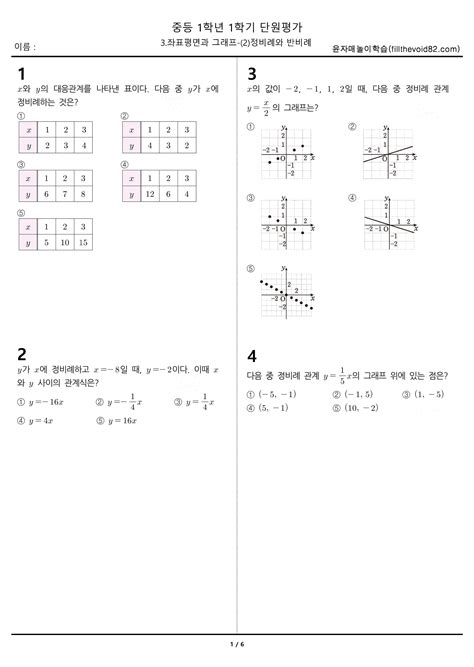 중1 단원평가 중등 1학년 1학기 3 좌표평면과 그래프 2 정비례와 반비례