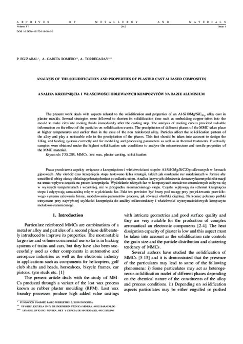 Pdf Analysis Of The Solidification And Properties Of Plaster Cast Al Based Composites Amaia