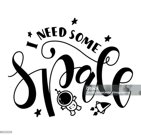 흰색 배경에 격리 된 검은 색 벡터 일러스트레이션 나는 약간의 공간이 필요합니다 낙서 우주 비행사와 포스터 사진 오버레이 인사말