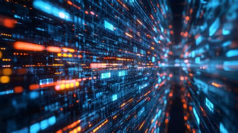 Abstract Digital Data Flow With Bright Lights And Binary Code Stock