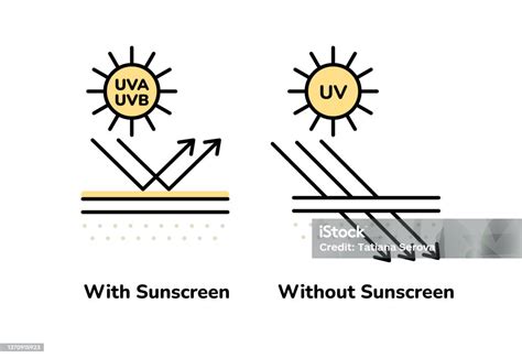 Spf 자외선 차단제 피부 보호 컨셉 자외선이 자외선 크림 로션의 유무에 관계없이 피부에 미치는 영향 선블록 크림으로 덮인 피부의 선형 스타일 벡터 일러스트 방식 광선에