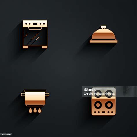 오븐 설정 음식 쟁반으로 덮여 있으며 냄비에 불이 붙고 가스 렌지 아이콘이 긴 그림자가 있습니다 벡터 가리기에 대한 스톡 벡터 아트 및 기타 이미지 Istock