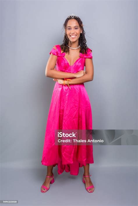 Teenage Girl Beautiful Happy Standing Wearing Pink Color Dress Stock