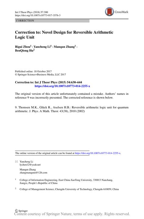 Correction To Novel Design For Reversible Arithmetic Logic Unit