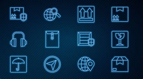 세트 라인 판지 골판지 상자 깨지기 쉬운 깨진 유리 이면이 위로 봉투 헤드폰 방패가있는 배달 팩 보안 및 확대 지구 아이콘 벡터