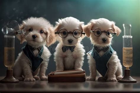 Puppies Dressed As Scientists Doing Experiment In A Lab Created With Generative Ai Technology