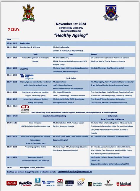 Gerontology Open Day Beaumont Hospital November 1st All Staff Grades