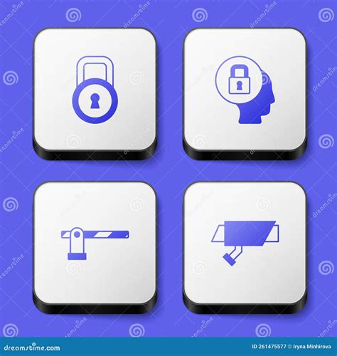Set Lock Parking Car Barrier And Security Camera Icon White Square
