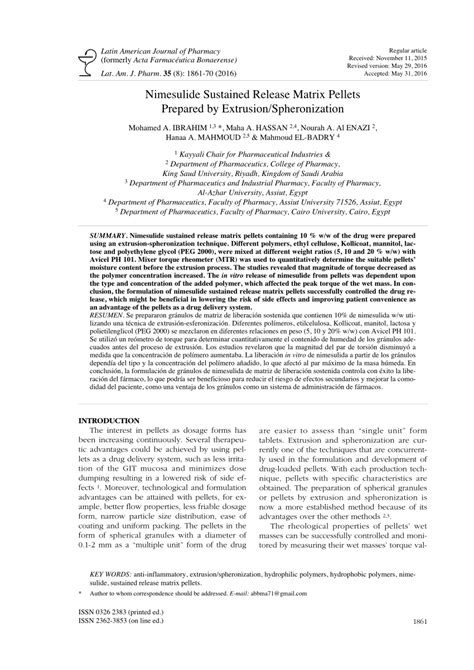 Pdf Nimesulide Sustained Release Matrix Pellets Prepared By Extrusion Spheronization