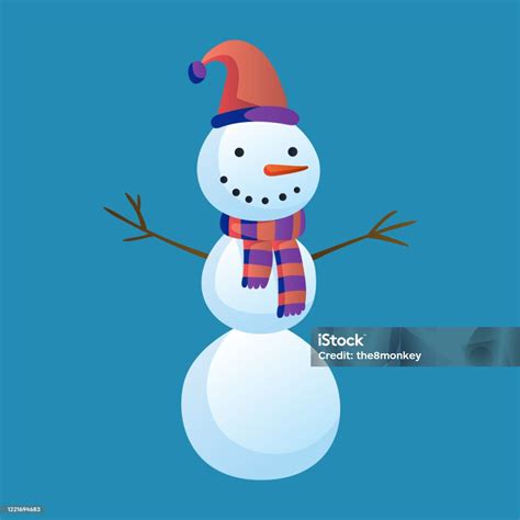 눈사람 흰색 배경에 고립 된 상단 모자와 스카프와 손을 제기 겨울 테마입니다 벡터 문자 일러스트레이션 0명에 대한 스톡 벡터 아트 및 기타 이미지 Istock