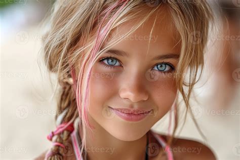 Cute Twelve Year Old Girl With Blonde Hair And Pink Strand Enjoys Sunny