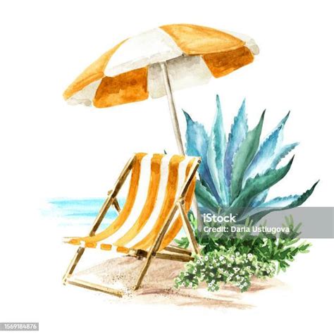 해변 의자와 우산 파라솔은 바다 근처의 모래사장에 있습니다 여름 방학 개념입니다 손으로 그린 수채화 그림은 흰색 배경에 분리되어 있다 수채화에 대한 스톡 벡터 아트 및 기타