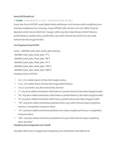 Rumus Datedif Pada Excel Pdf