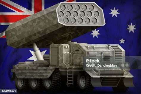 로켓 포병 호주 국기 배경에 회색 위장 미사일 발사대 3 차원 일러스트 레이 션 교통수단에 대한 스톡 사진 및 기타 이미지 교통수단 군사 기 Istock