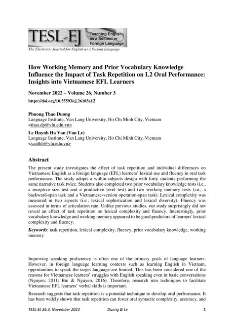 Pdf How Working Memory And Prior Vocabulary Knowledge Influence The