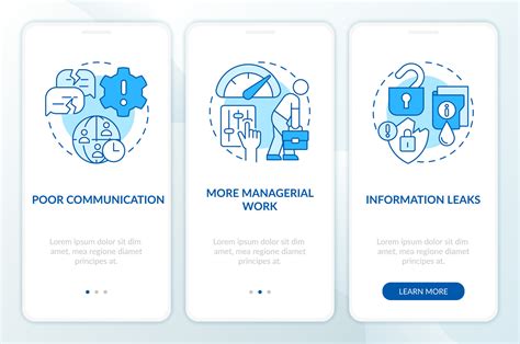 Outstaffing Drawbacks Blue Onboarding Mobile App Screen More Work Walkthrough 3 Steps Editable