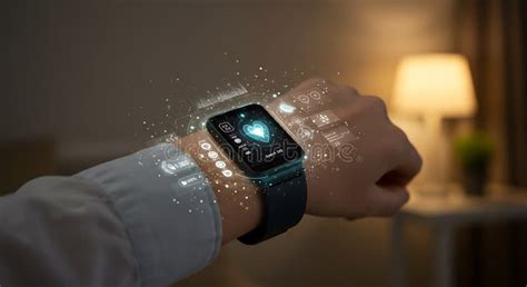 Checking Health Data On Smartwatch Wearable Technology With Glowing Interface Stock Illustration