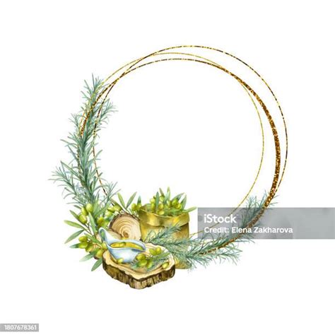 과일과 올리브 가지 수채화 그림 금으로 된 둥근 프레임 녹색 가지입니다 건강관리와 의술에 대한 스톡 벡터 아트 및 기타 이미지 건강관리와 의술 건강한 식생활 그린