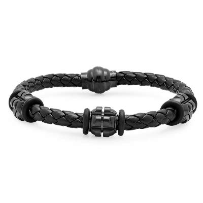 Steeltime Mens Genuine Black Leather Braided Bracelet With Black Ip