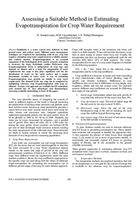 Pdf Assessing A Suitable Method In Estimating Evapotranspiration For Crop Water Requirement