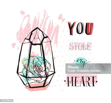 손으로 그린 벡터 추상 그래픽 사랑 개념 인사말 카드 디자인 유리 테라 리 움 현대 서 예 위상에 다 육 식물으로 흰색 절연 파스텔 컬러로 내 마음을 훔 쳤 다 개념에 대한