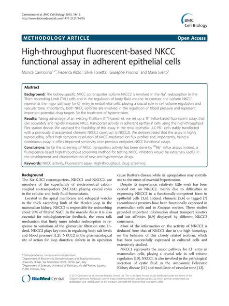 Pdf High Throughput Fluorescent Based Nkcc Functional Assay In