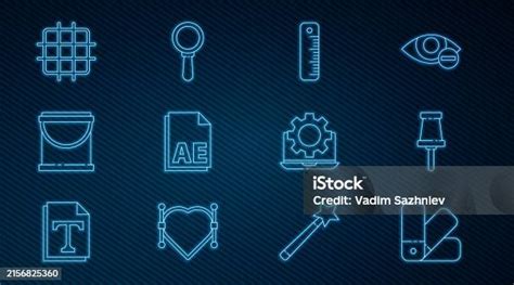 선 색상 팔레트 가이드 푸시 핀 눈금자 Ae 파일 문서 페인트 통 그리드 그래프 용지 노트북 및 기어 및 돋보기 아이콘을 설정합니다 벡터 검색에 대한 스톡 벡터 아트 및