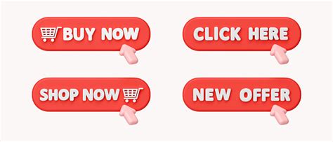 온라인 쇼핑 개념을 위한 클릭 버튼의 3d 세트입니다 아이콘은 흰색 배경에 분리되어 있습니다 3d 렌더링 그림입니다 클리핑 패스