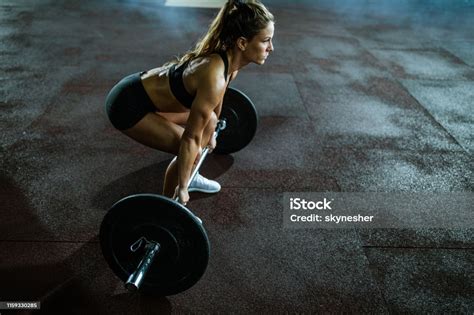 헬스 클럽에서 바벨과 함께 데드 리프트를 운동 하는 근육 빌드 여자 여자에 대한 스톡 사진 및 기타 이미지 여자 운동 한 명의 여자만 Istock
