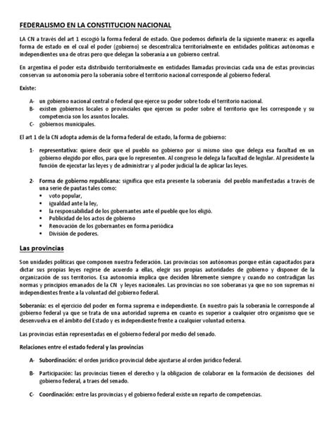Federalismo En La Constitucion Nacional Pdf Federación Constitución