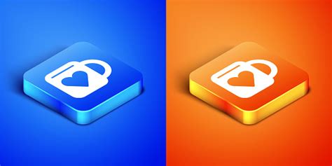 파란색과 주황색 배경에 격리 된 등색 커피 컵과 심장 아이콘 발렌타인 데이에 연인을위한 커플 커피 정사각형 버튼입니다 벡터 3차원 형태에 대한 스톡 벡터 아트 및 기타